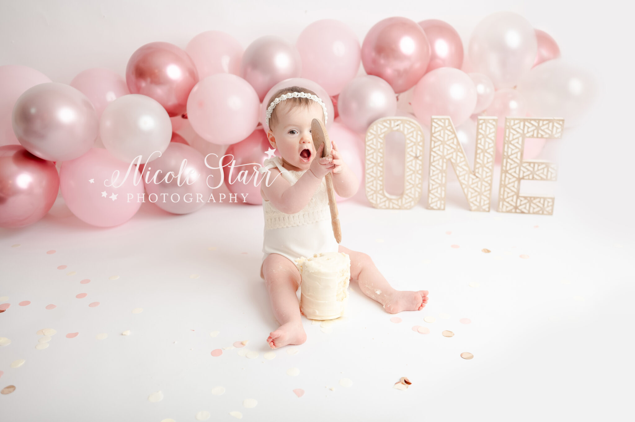 Saratoga Springs Cake Smash: Pink & White Balloon Theme